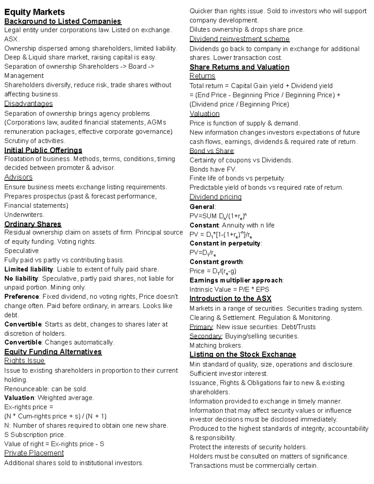 EFB201 Financial Markets Exam Notes - Equity Markets Background to ...