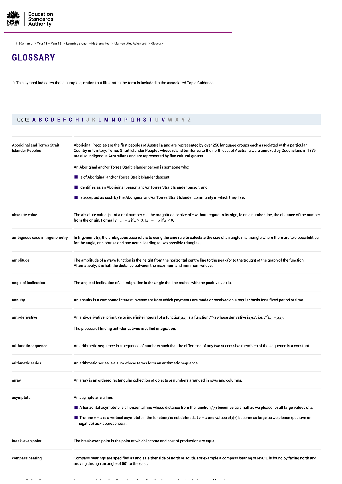 Glossary for Maths Advanced - NESA home > Year 11 – Year 12 > Learning ...