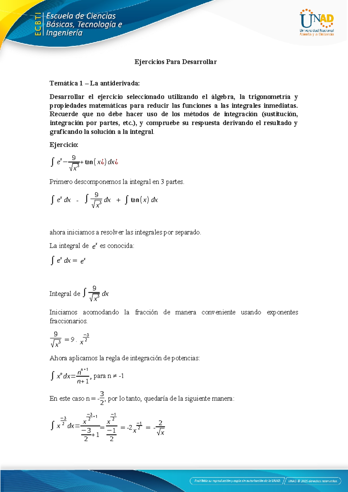 Integrales 01 - Ejercicios Para Desarrollar Temática 1 – La antiderivada: Desarrollar el ...