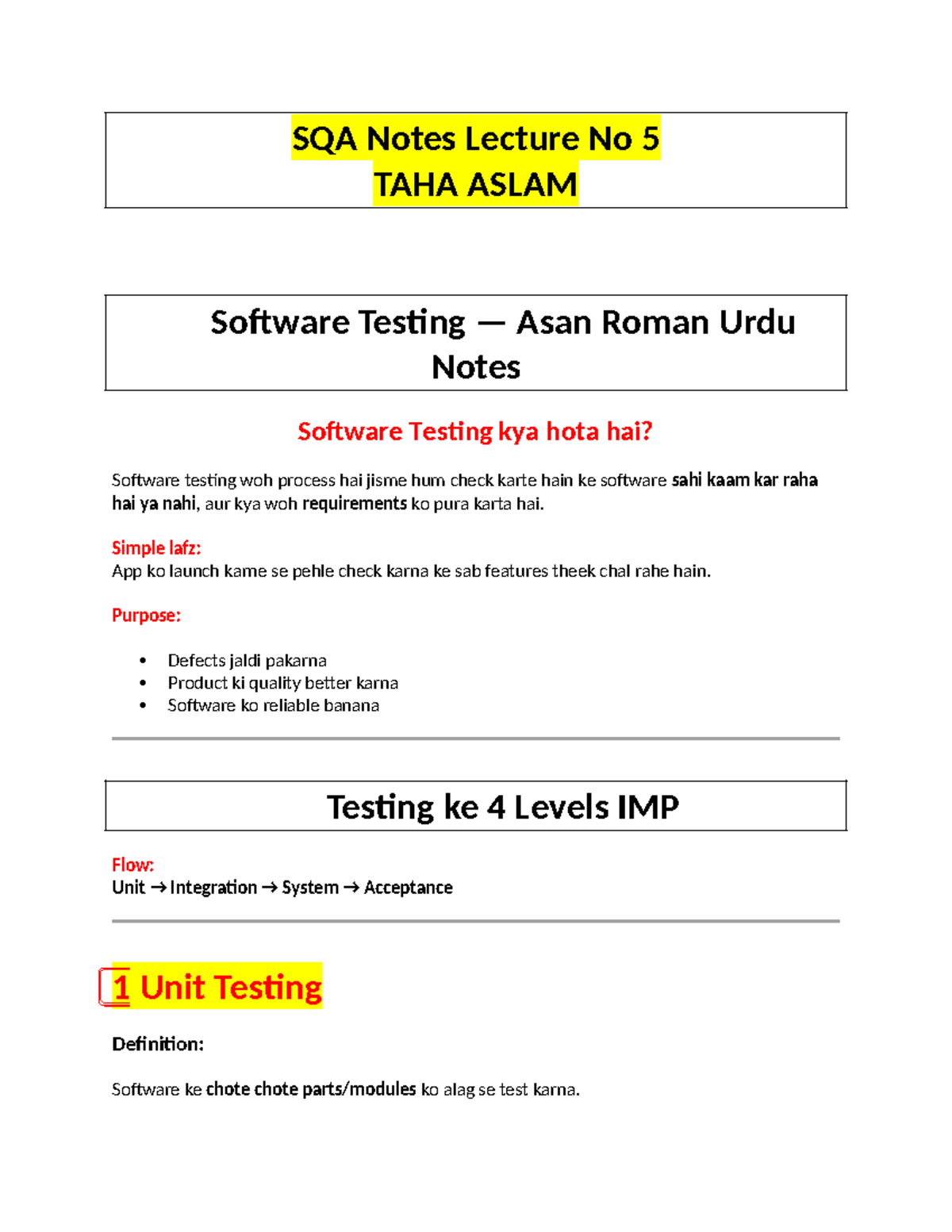 SQA Lecture Notes No 5: Software Testing in Asan Roman Urdu - Studocu