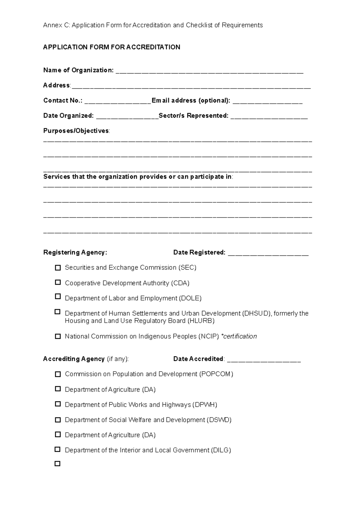 Annex C: Accreditation Application Form & Requirements Checklist - Studocu