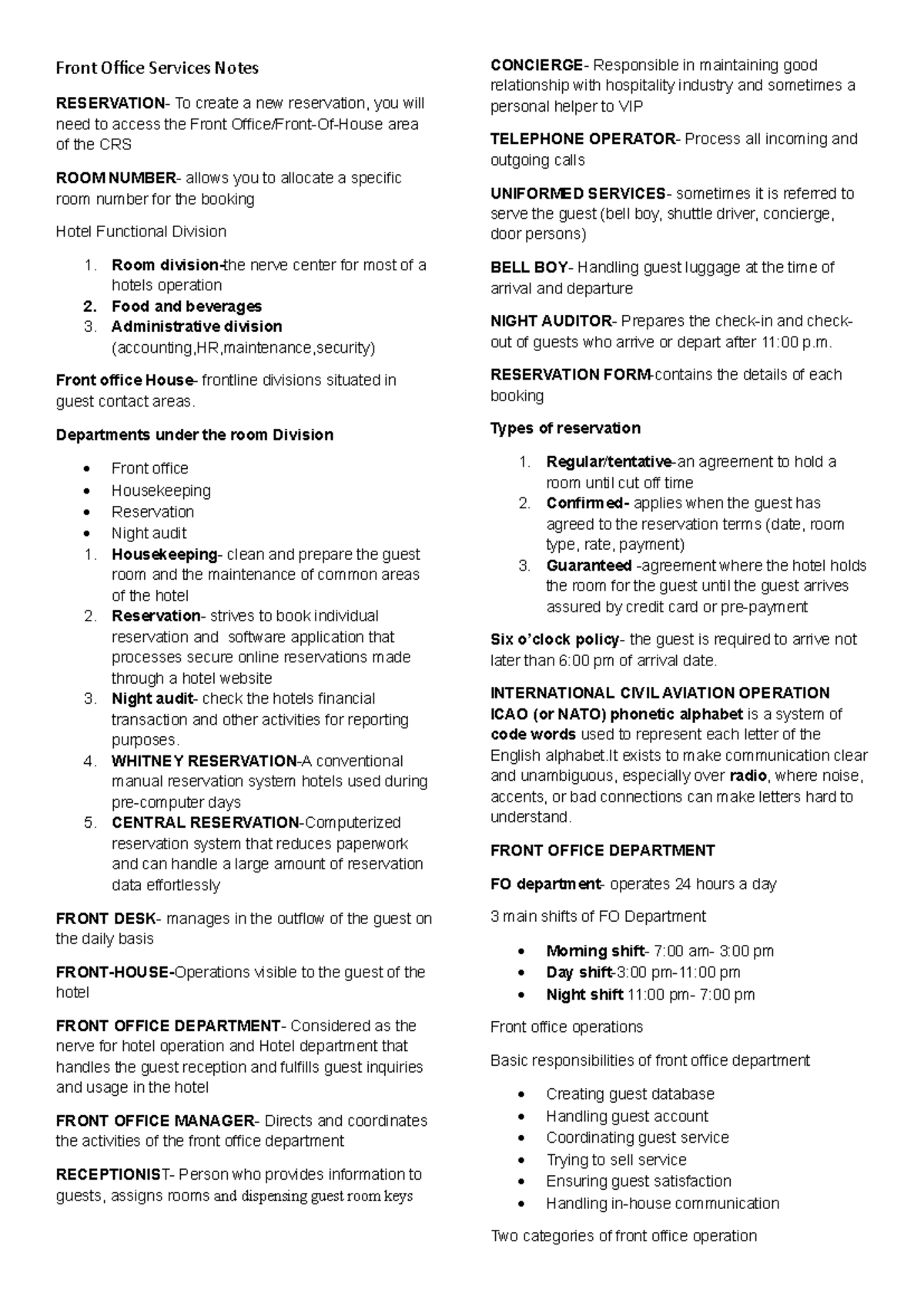 FOS- Front Office Services Notes for Hotel Management - Studocu