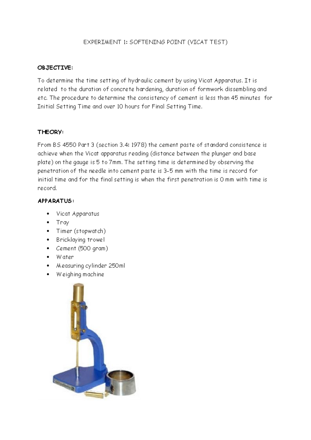 Vicat Test Report on Hydraulic Cement Setting Time Analysis - Studocu