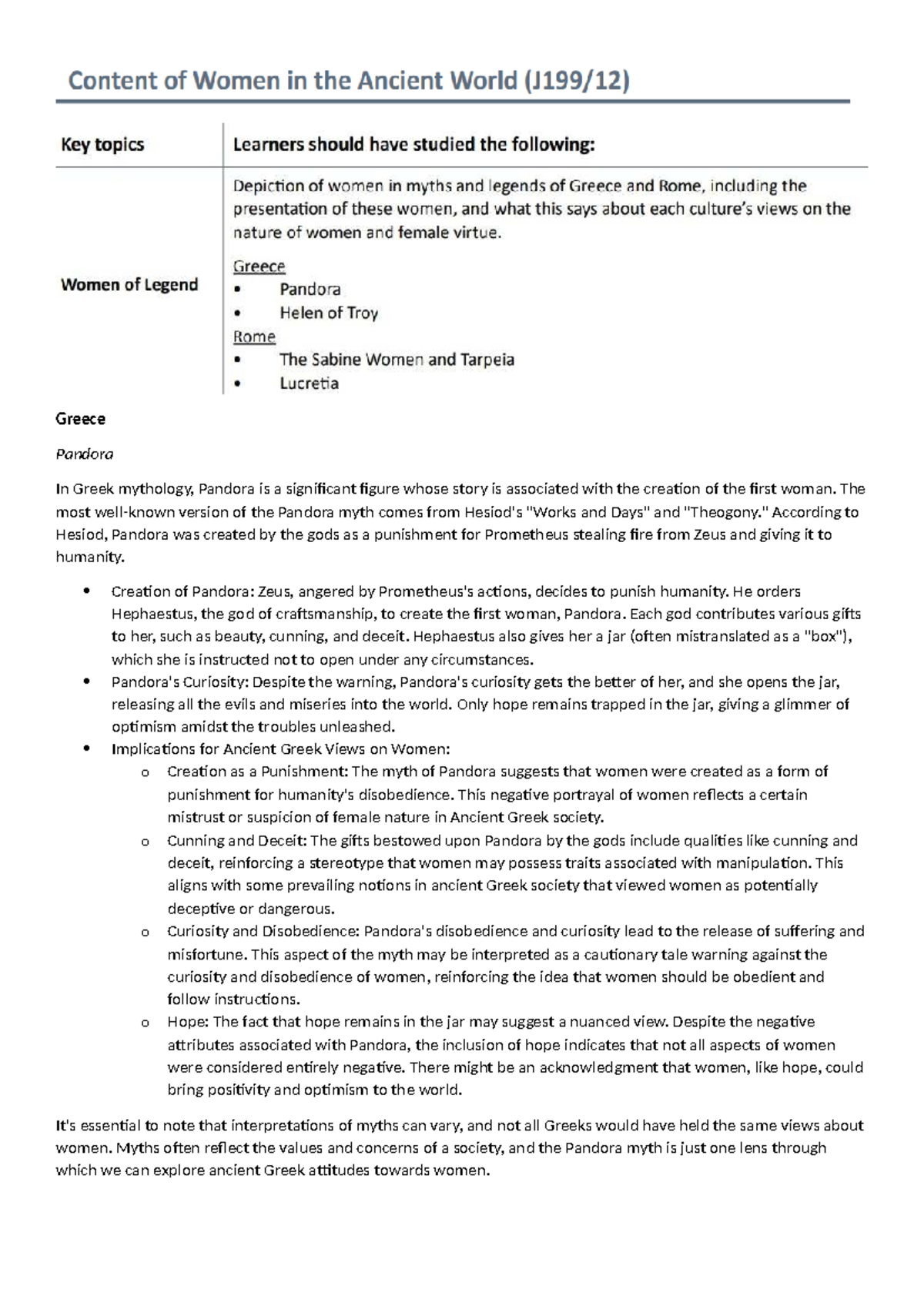 Women in the Ancient World: Myths, Roles, and Societal Views (HIST 101 ...