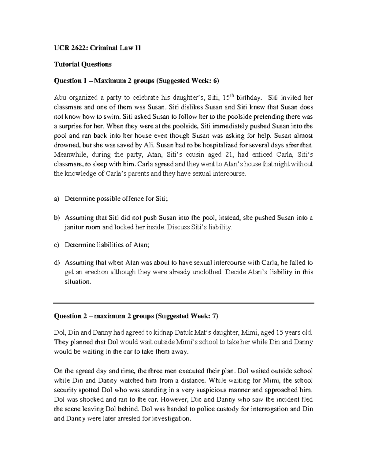 Criminal Law Tutorial Questions Question 1 – Maximum 2 groups ...