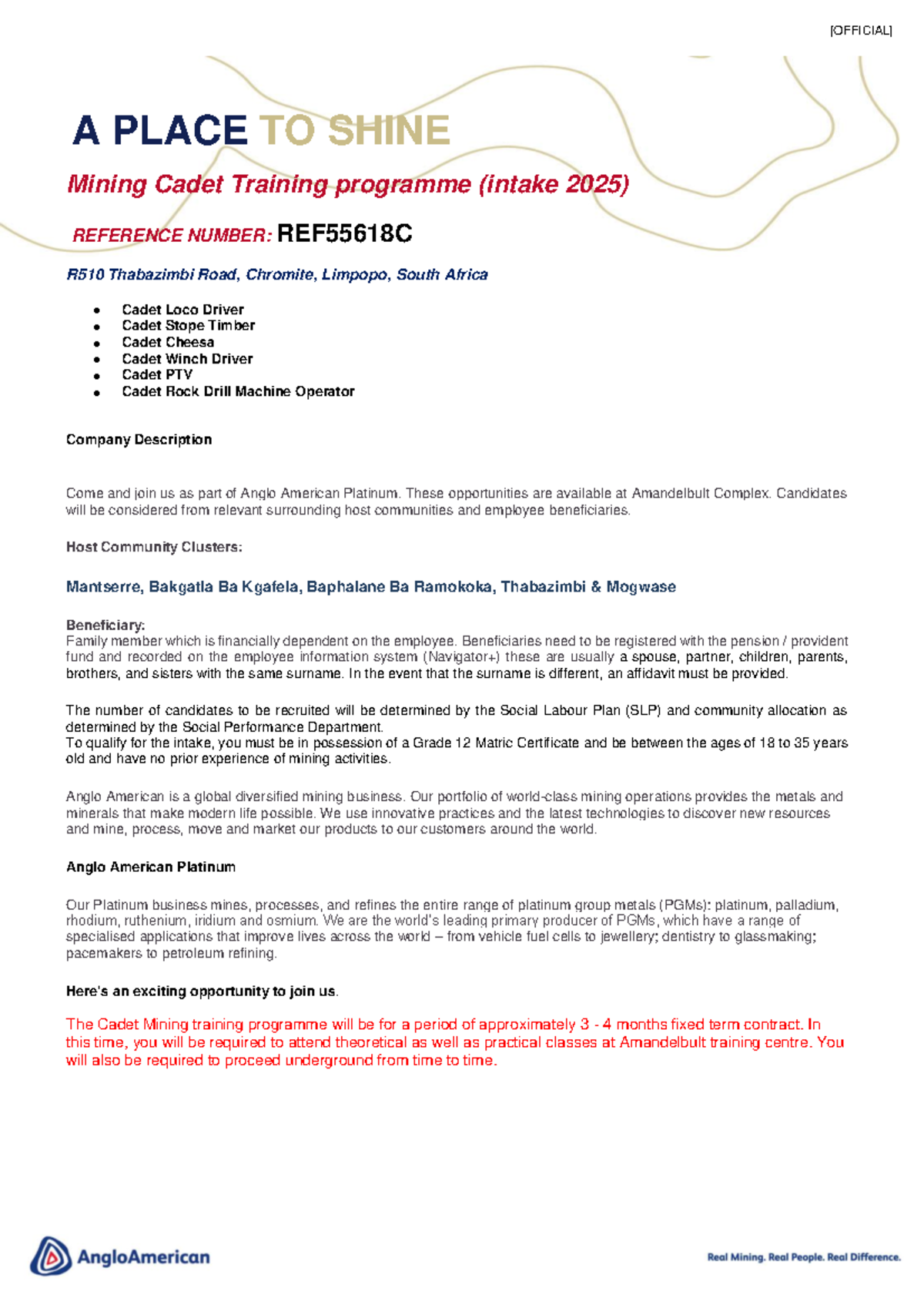Amandelbult Mining Cadet Training Programme Intake 2025 - REF55618C ...