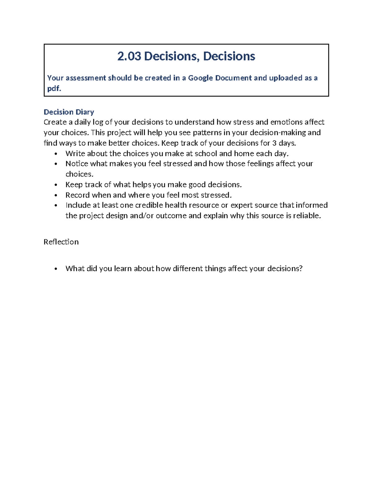 Peer Counseling Module 2.03: Decision Diary Project Guide - Studocu