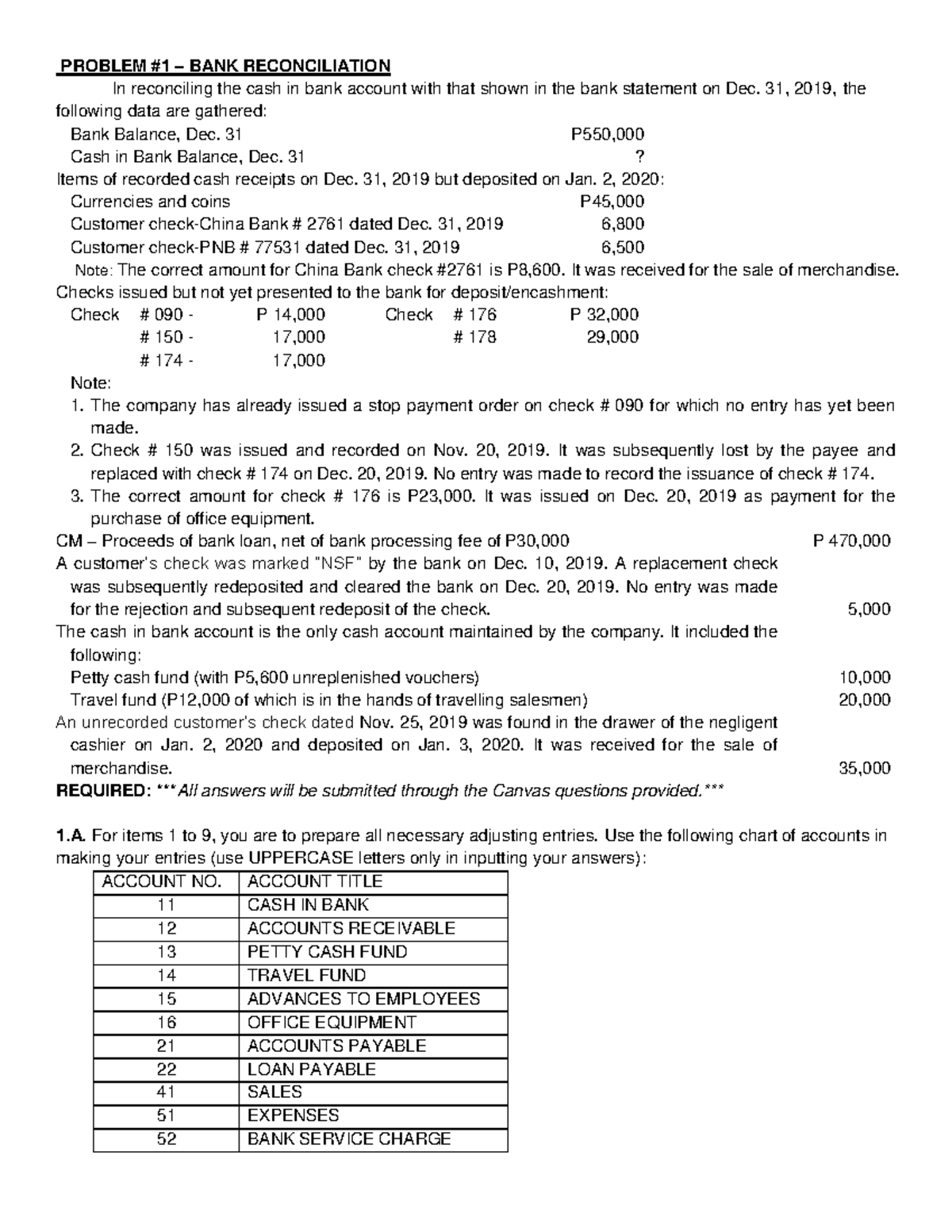 Bank Reconciliation Problem #1 Analysis and Adjusting Entries Guide ...