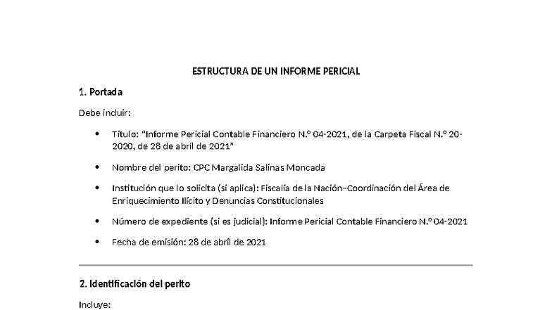 Estructura del Informe Pericial Contable Financiero 202020 - Studocu