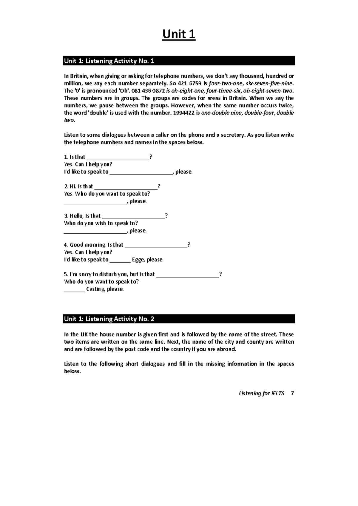 Unit 1: Listening Activities for IELTS Practice - Studocu