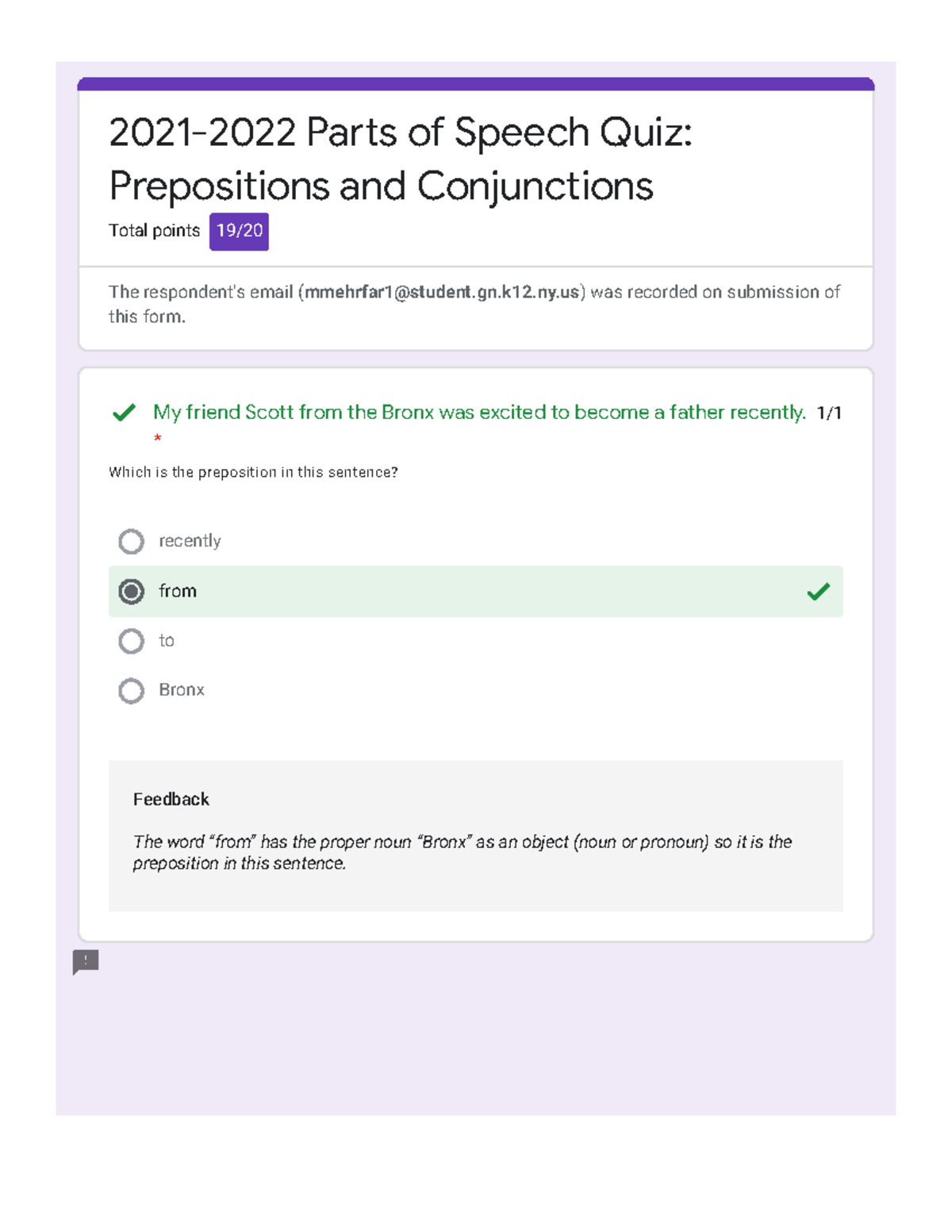 2021-2022 Parts of Speech Quiz: Prepositions & Conjunctions - Studocu