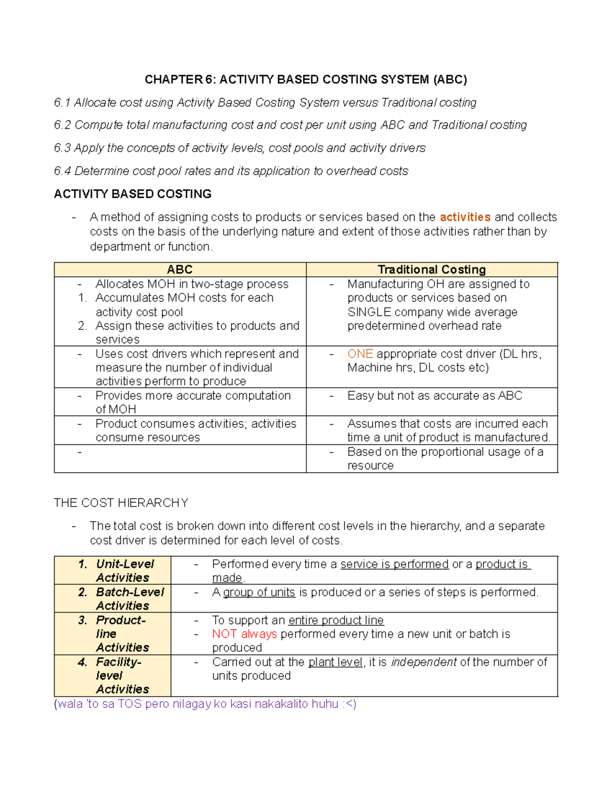 COST 6, 7, 8 - Activity Based & Job Order Costing Notes/Summary - Studocu