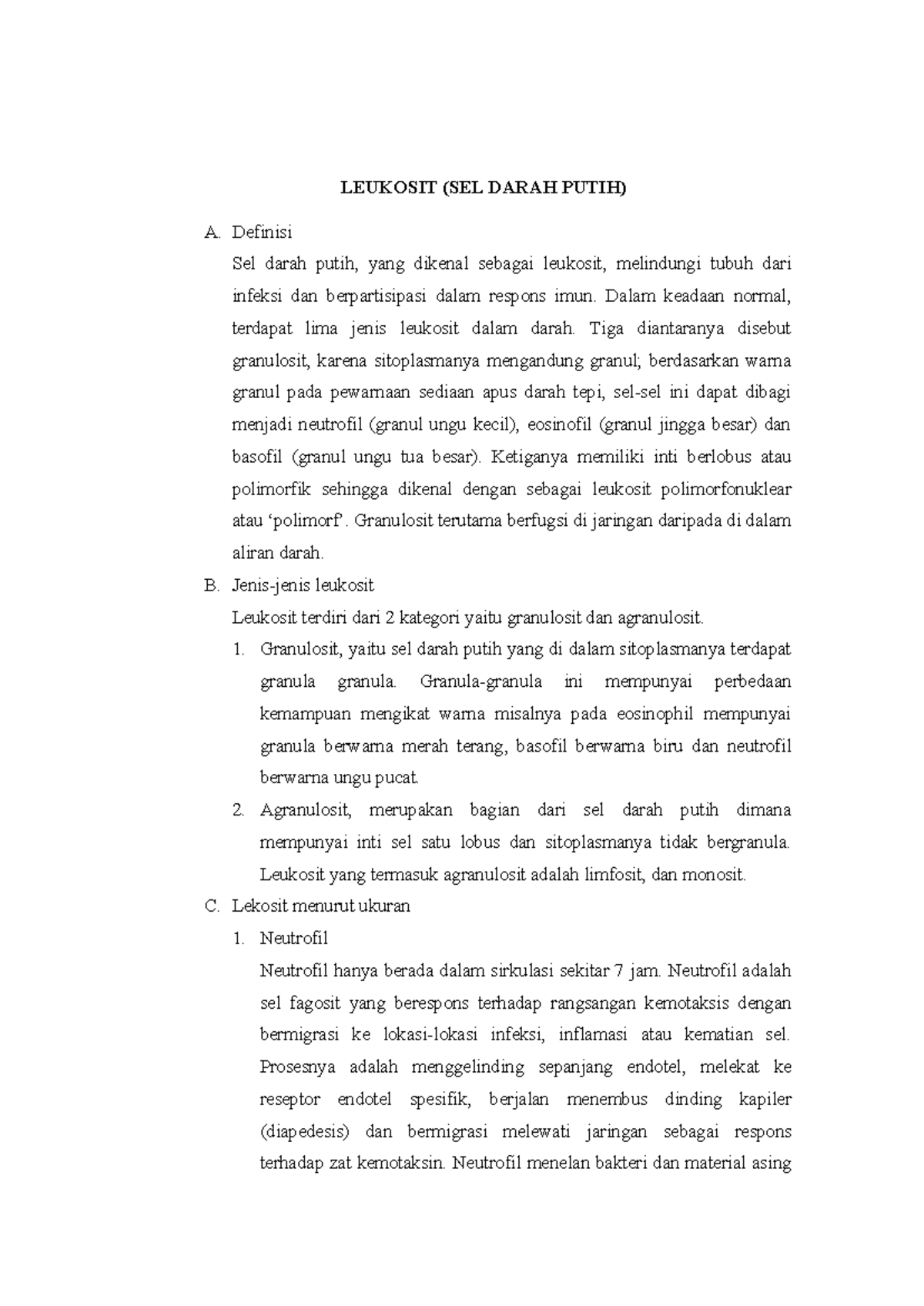 Leukosit: Definisi, Jenis, dan Fungsi Sel Darah Putih - Studocu