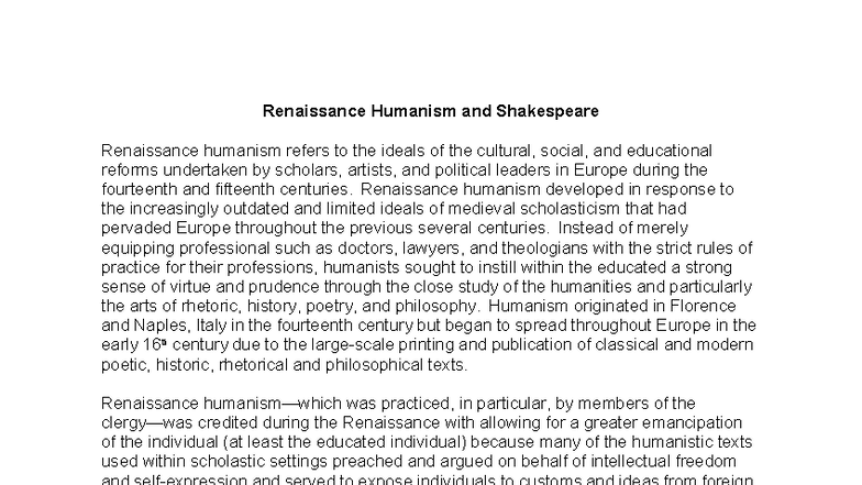Renaissance Humanism & Shakespeare: A Cultural Analysis - Studocu