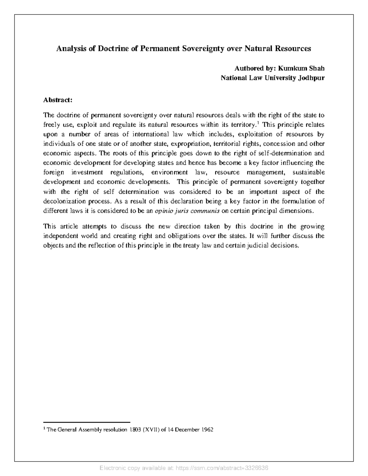 Analysis of the Principle of Permanent Sovereignty over Natural Resources - Studocu