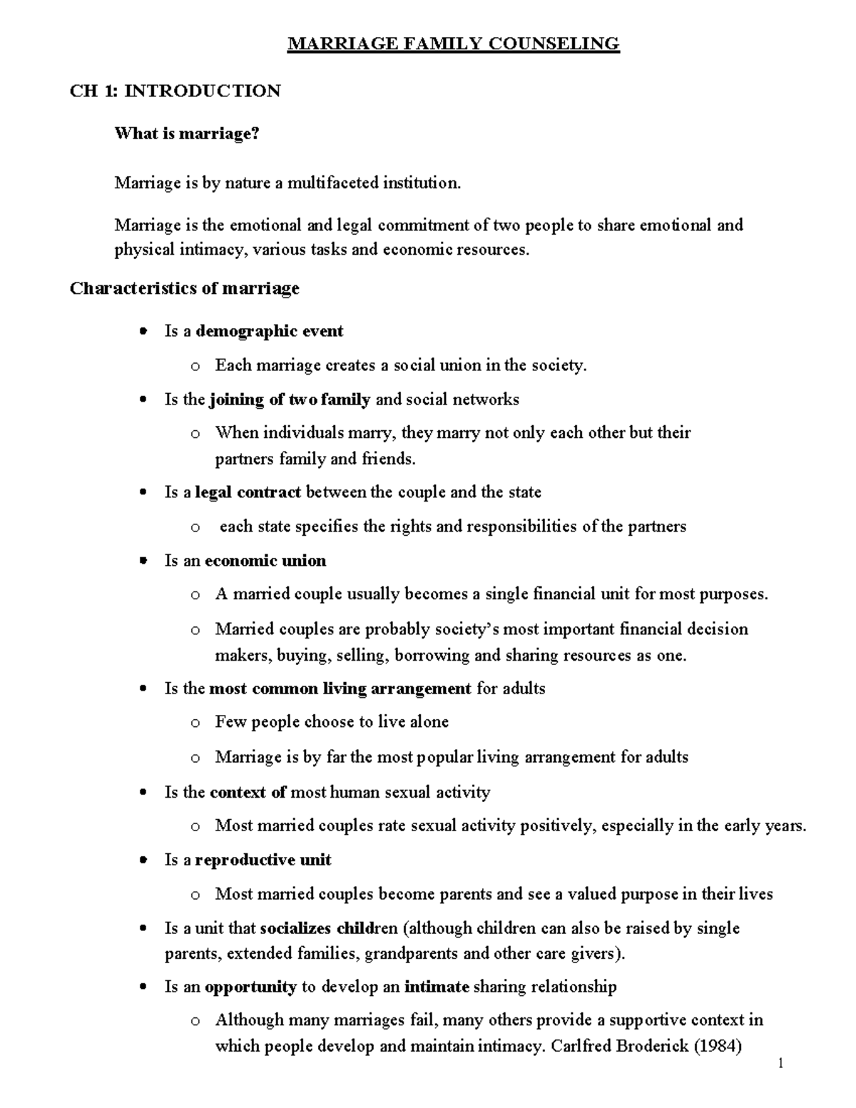 MARRIAGE FAMILY COUNSELING CH 1: INTRODUCTION TO MARRIAGE & FAMILY ...