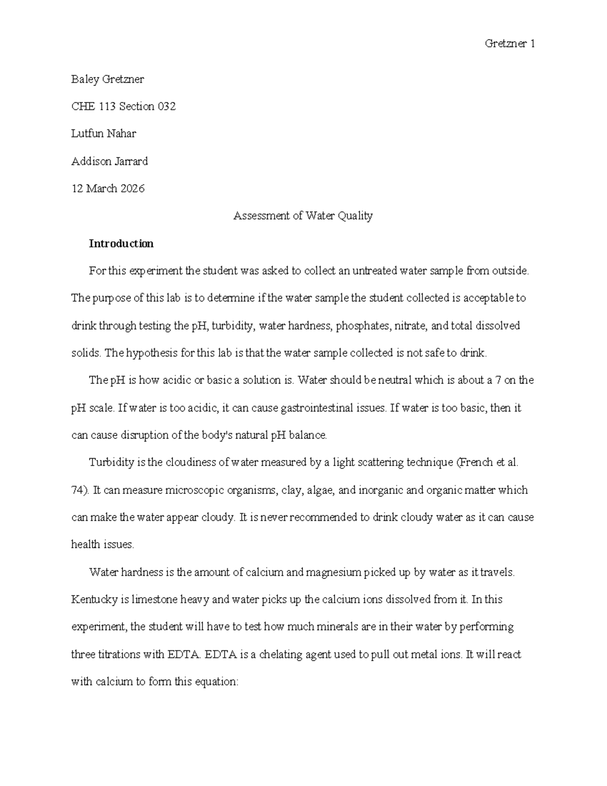 Lab 13: Assessment of Water Quality in CHE 113 Section 032 - Studocu