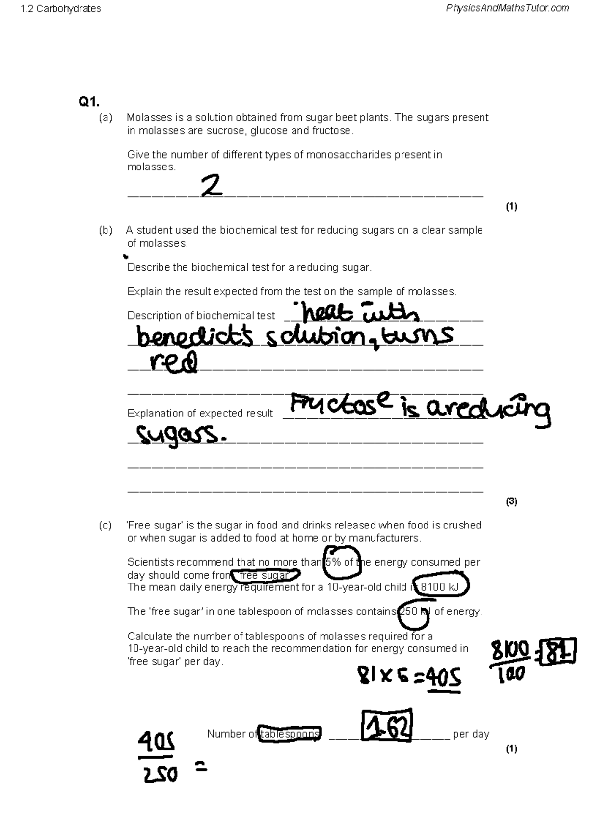 1.2 Carbohydrates QP - Exam Questions and Answers - Studocu