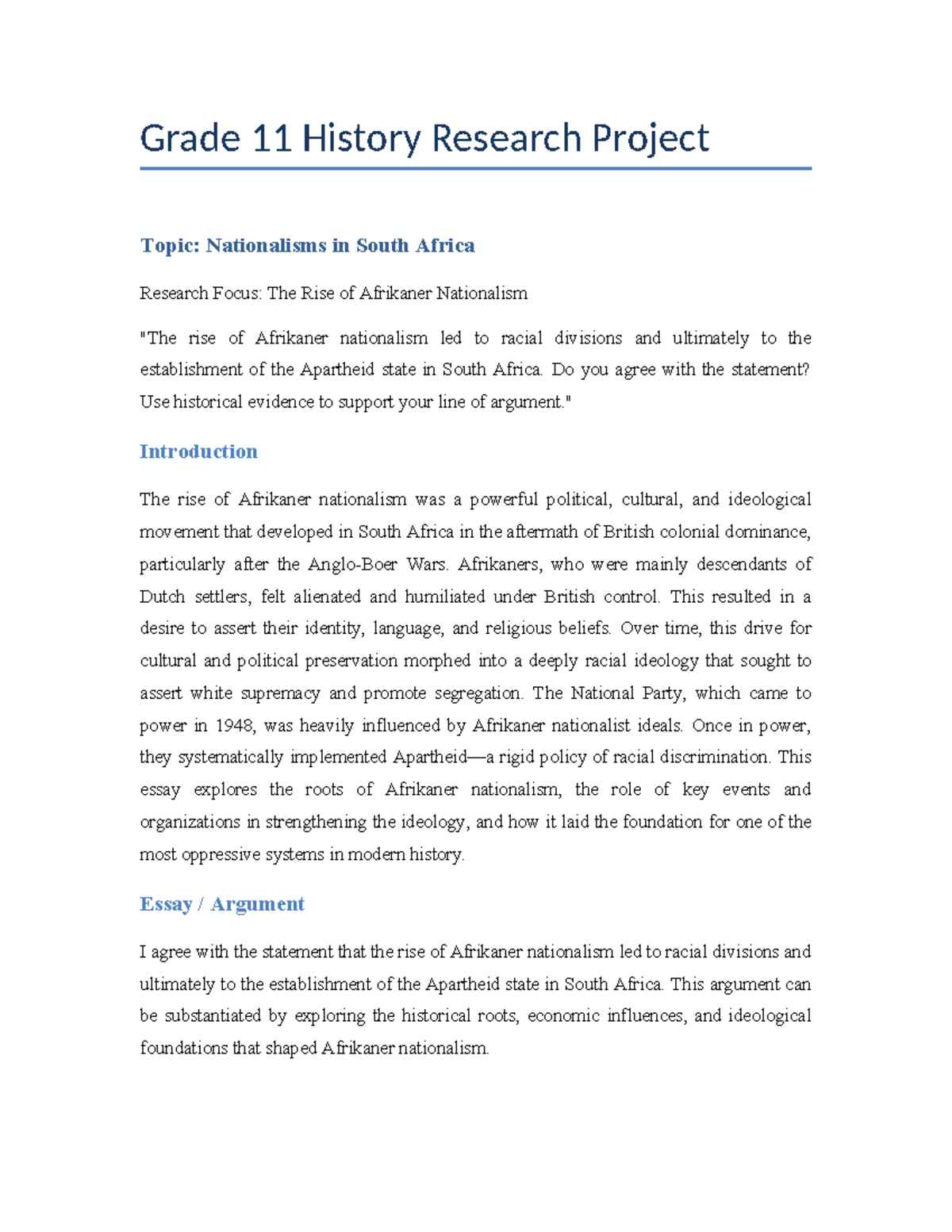 Grade 11 History Research Project: Afrikaner Nationalism & Apartheid ...