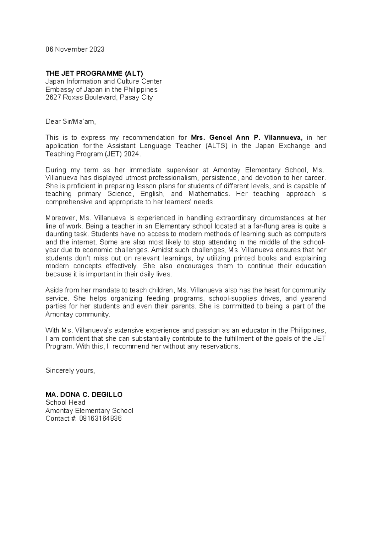 Recommendation Letter for JET Programme (ALT) Application - Studocu