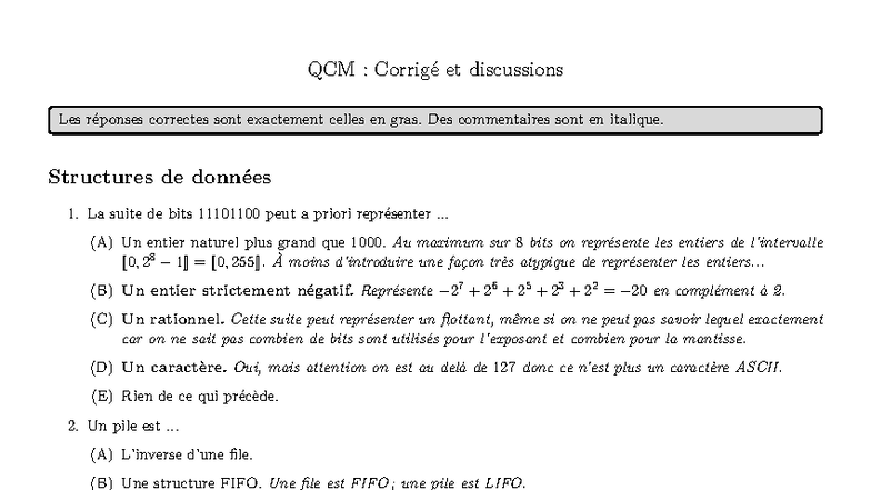 QCM Corrigé et Discussions - Structures de Données et Algorithmes ...