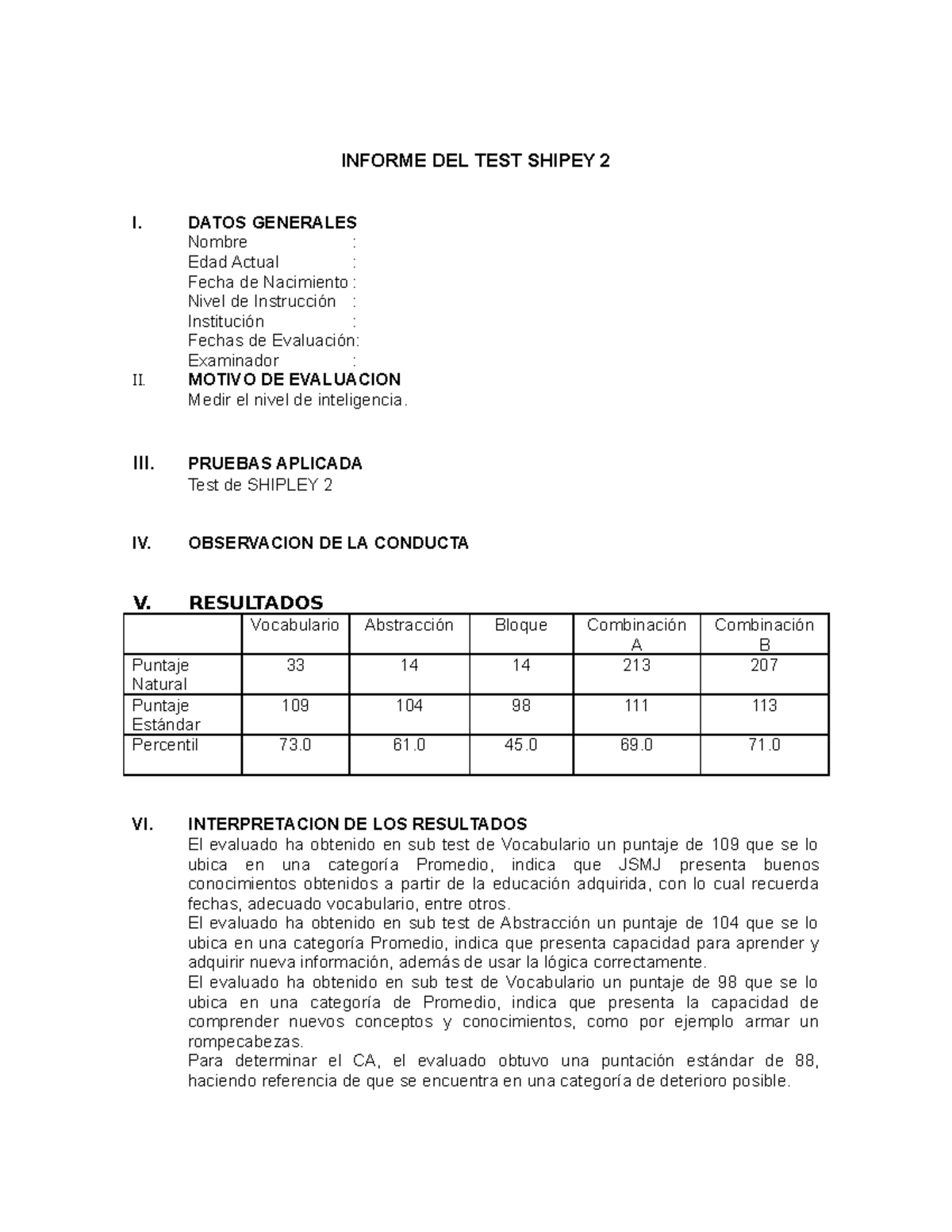 Informe del Test Shipley 2: Resultados y Recomendaciones - Studocu