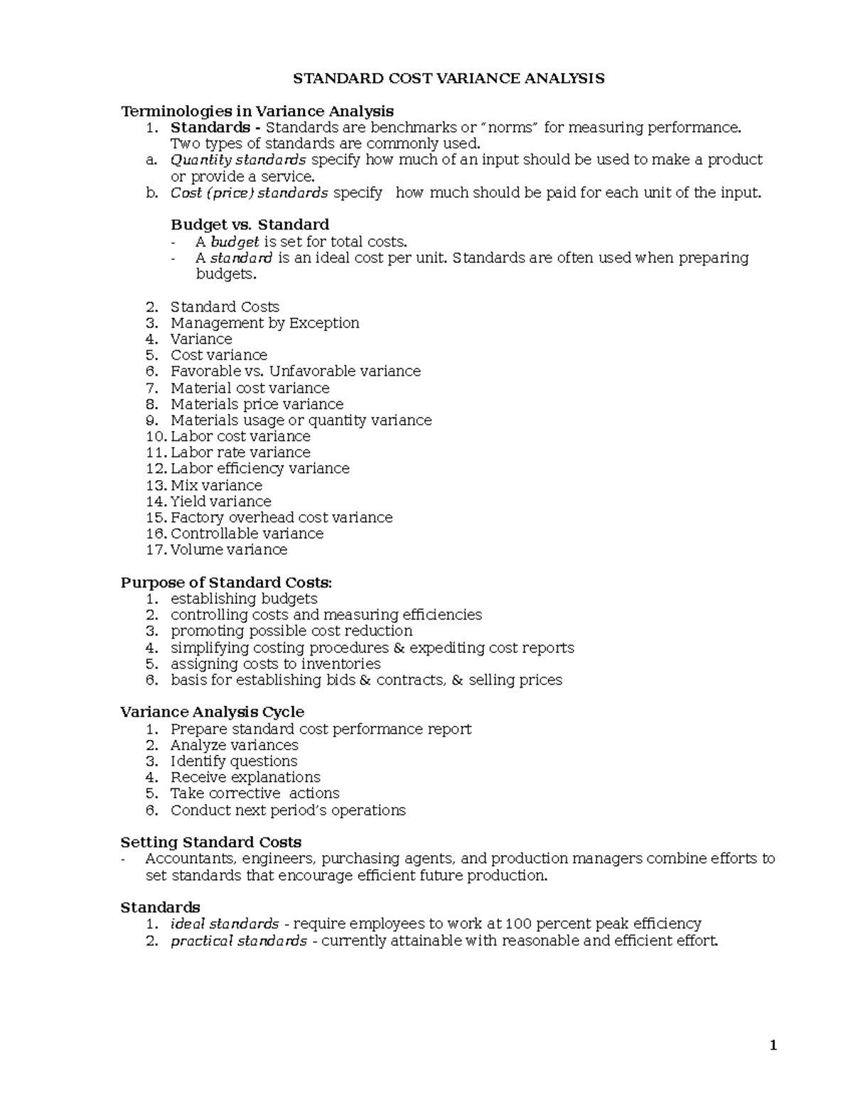 STANDARD COST VARIANCE ANALYSIS: Key Concepts and Formulas - Studocu