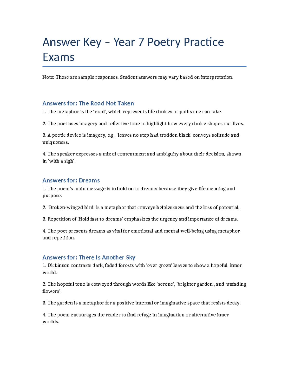 Year 7 Poetry Practice Exam Answer Key - Studocu