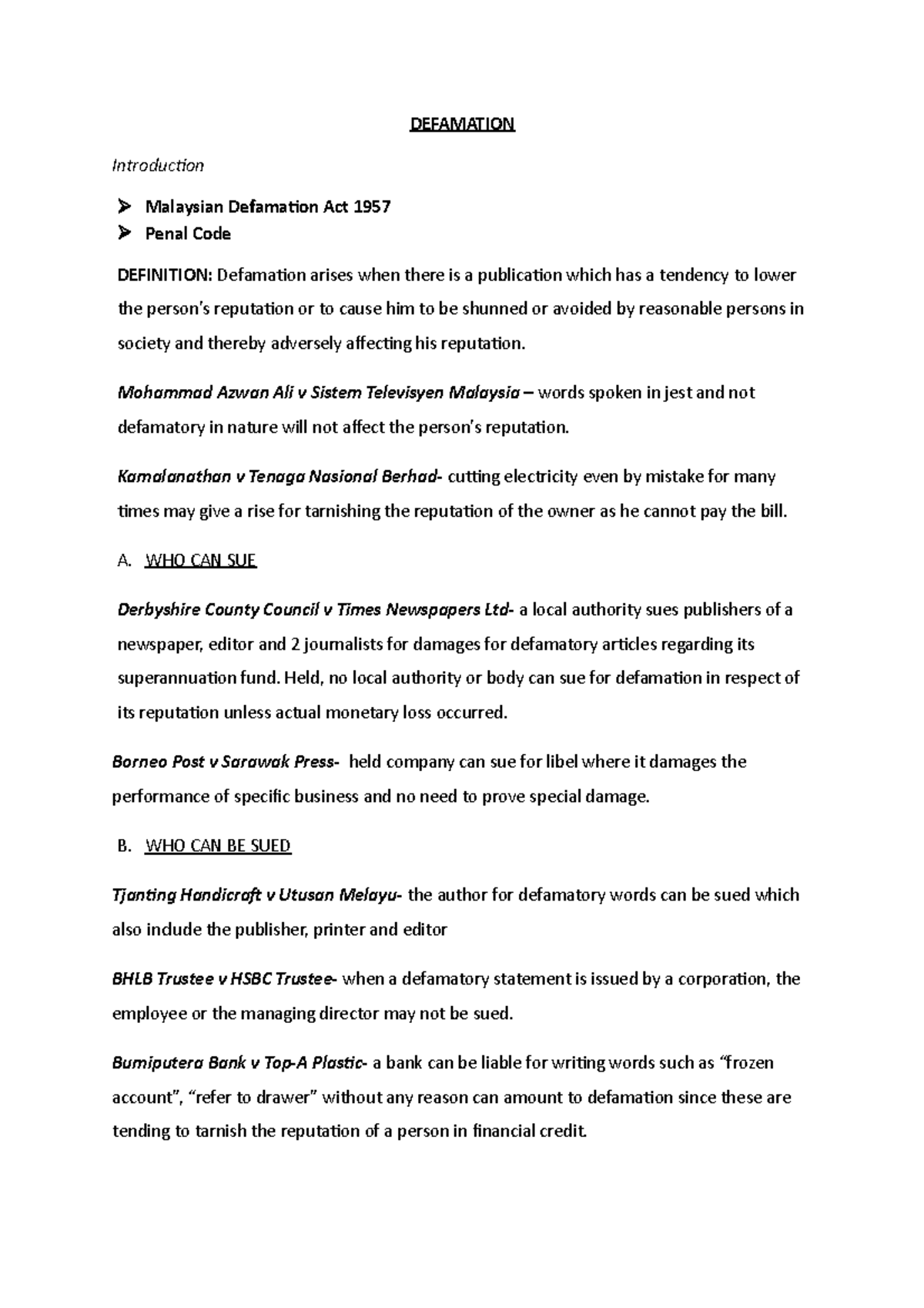 4. Defamation - Overview of Law of Torts in Malaysia (LN 101) - Studocu