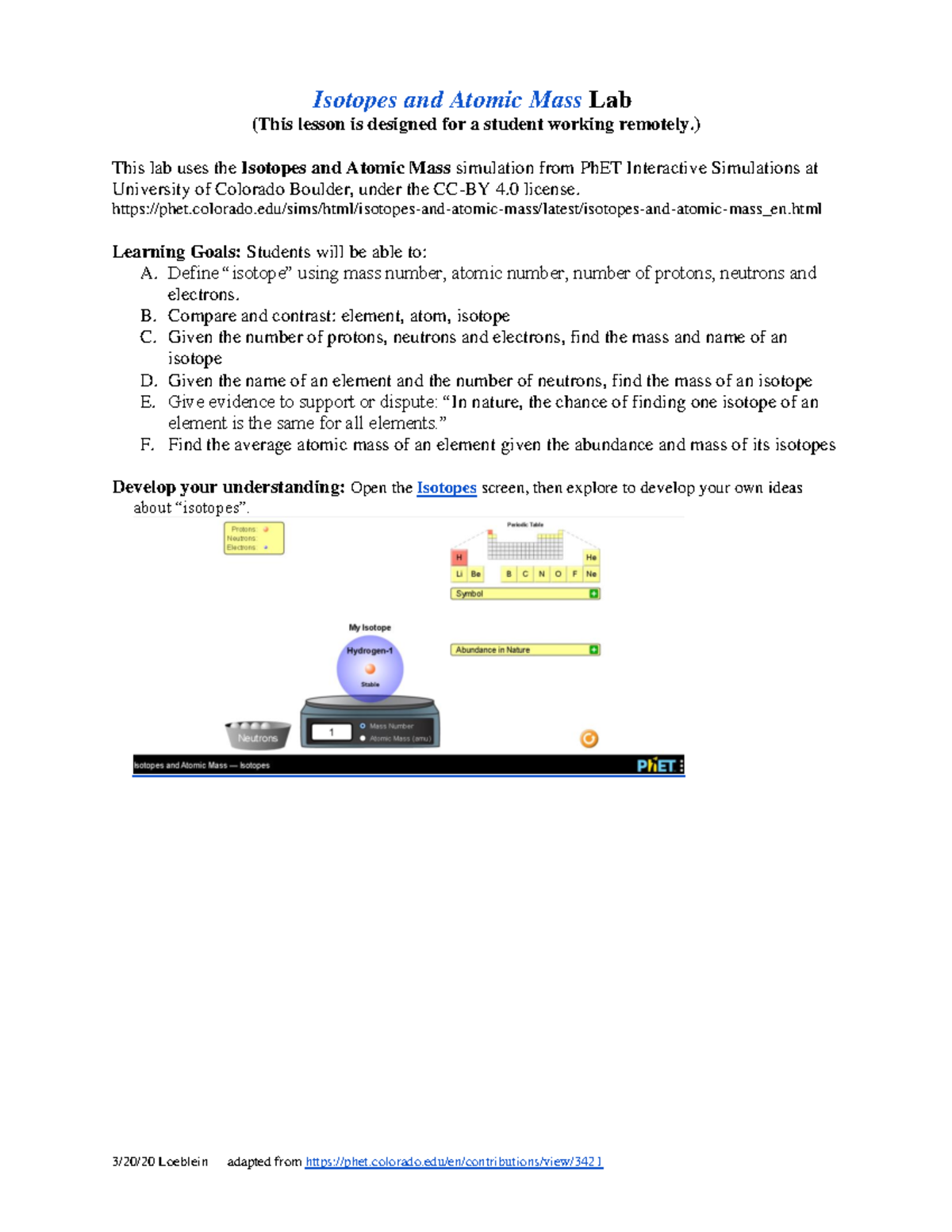 Isotope Student directions Remote Lesson-copy - Isotopes and Atomic ...