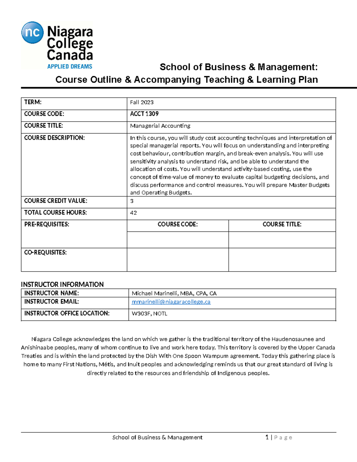ACCT1309 F23 Managerial Accounting Course Outline & Teaching Plan - Studocu