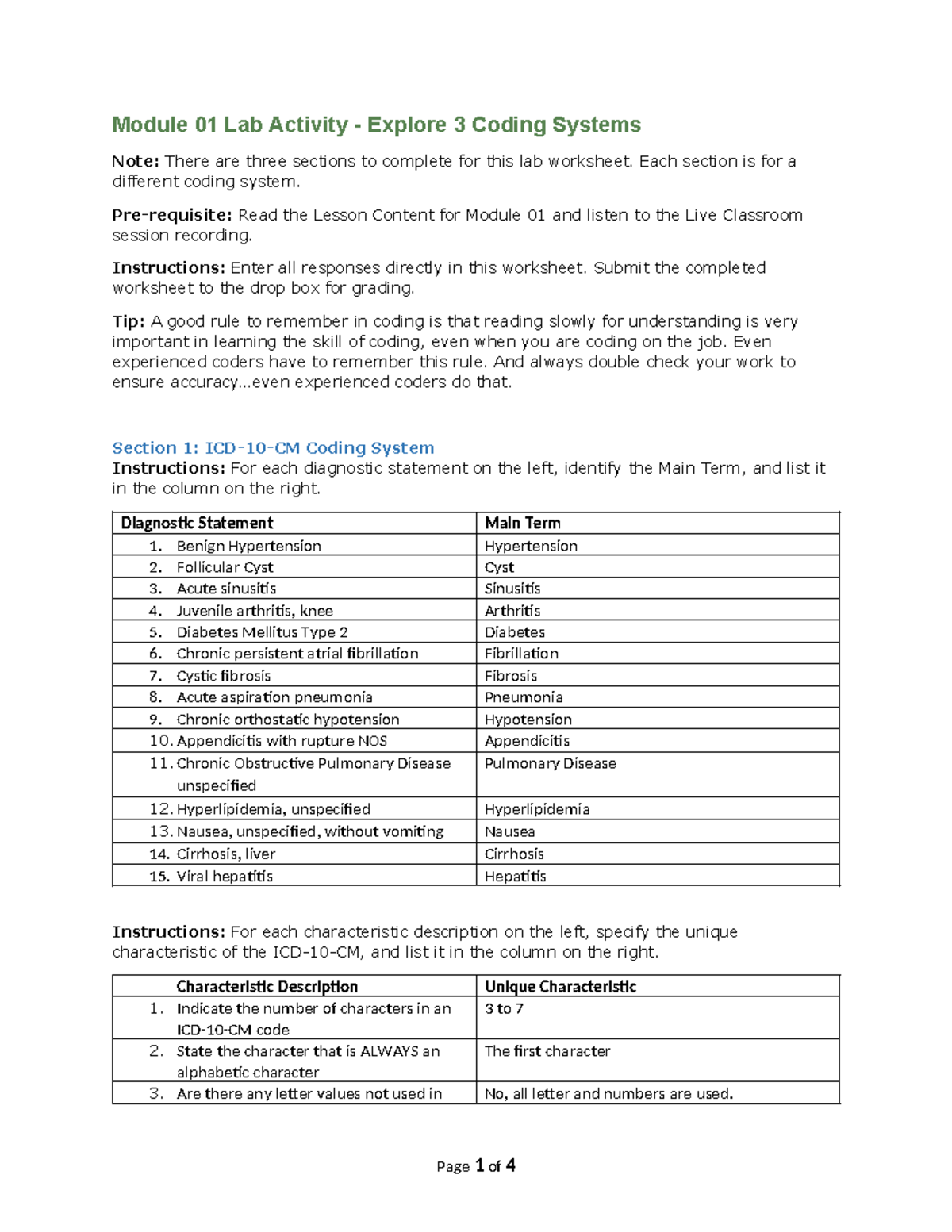 HIM1103 Module 01 Lab Activity: Exploring 3 Coding Systems - Studocu