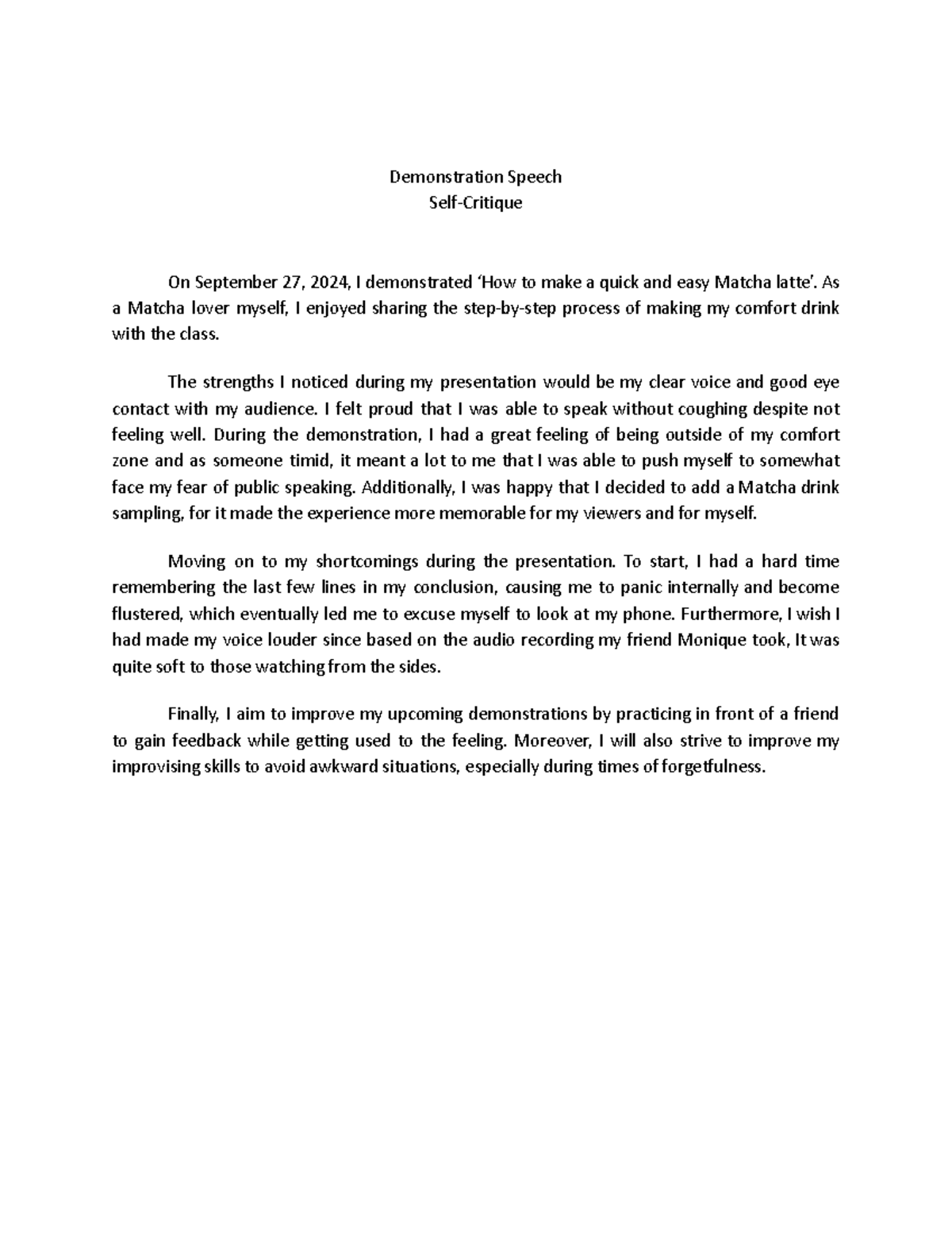 Sample Self Critique - Demonstration Speech Self-Critique On September ...