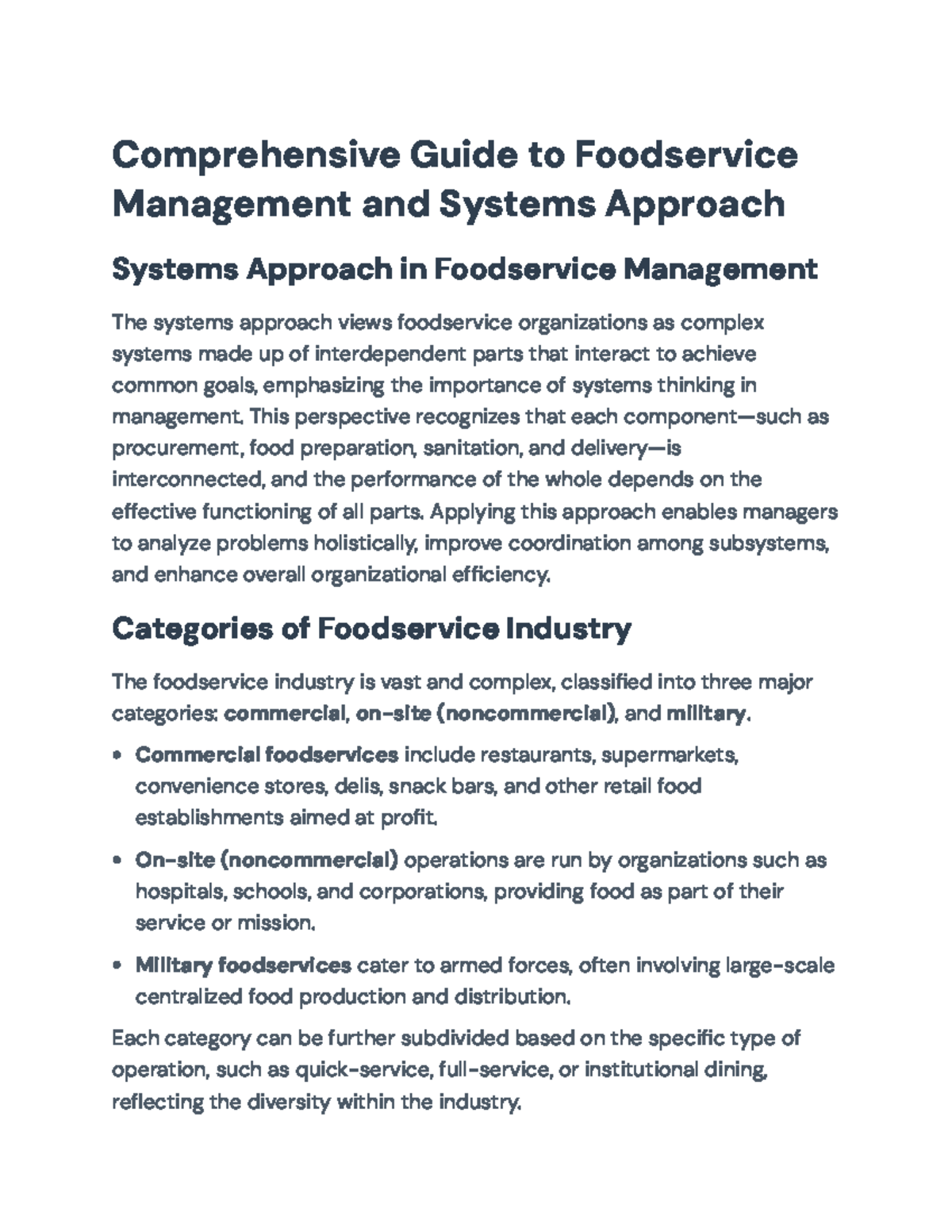 Comprehensive Guide to Foodservice Management (Course Code) - Systems ...