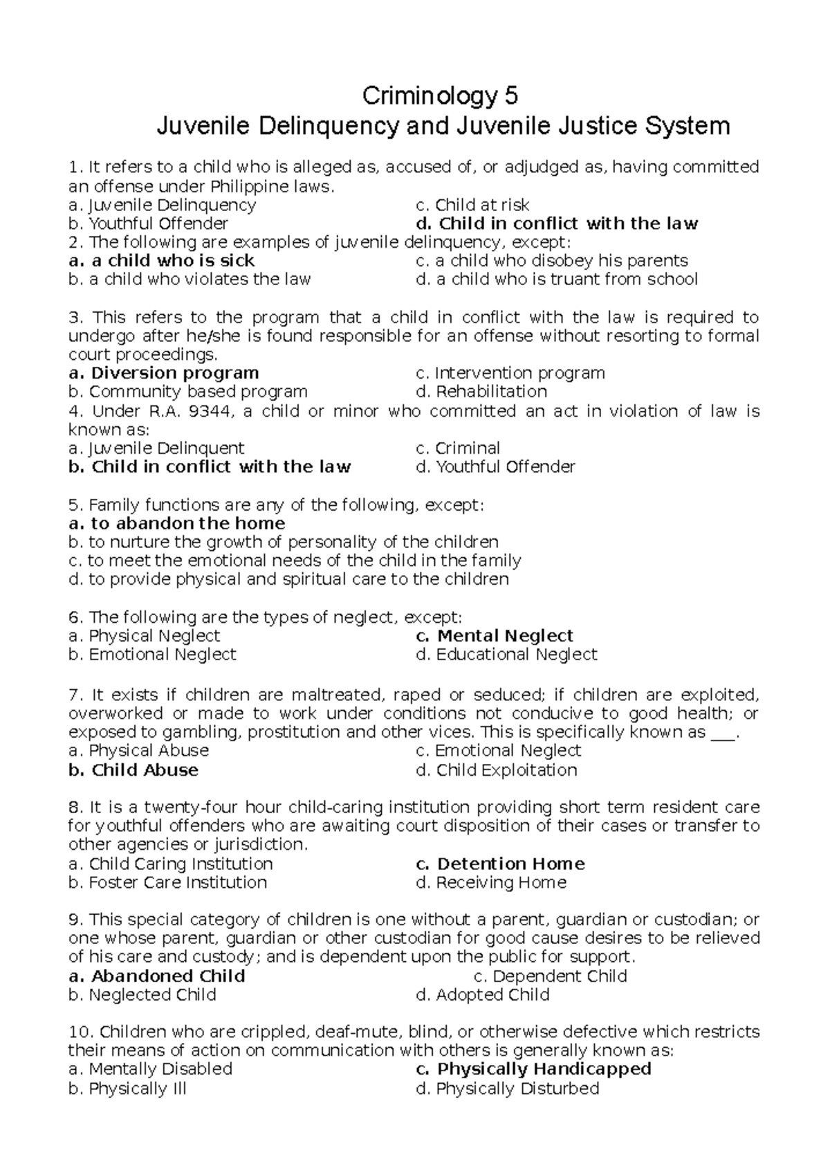 Criminology-5: Practice Test on Juvenile Delinquency Concepts - Studocu