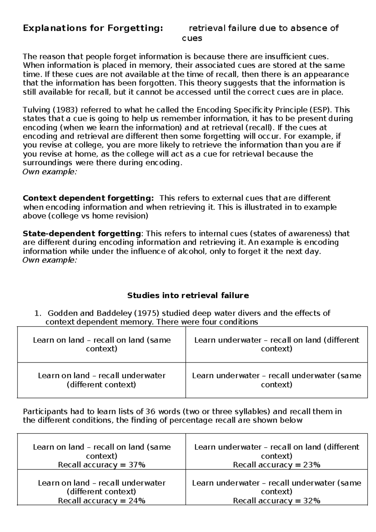Explanations for Forgetting: Context and State-Dependent Cues - Studocu