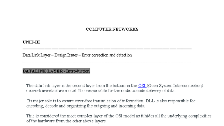 COMPUTER NETWORKS (CN101) Data Link Layer Design Issues & Error ...