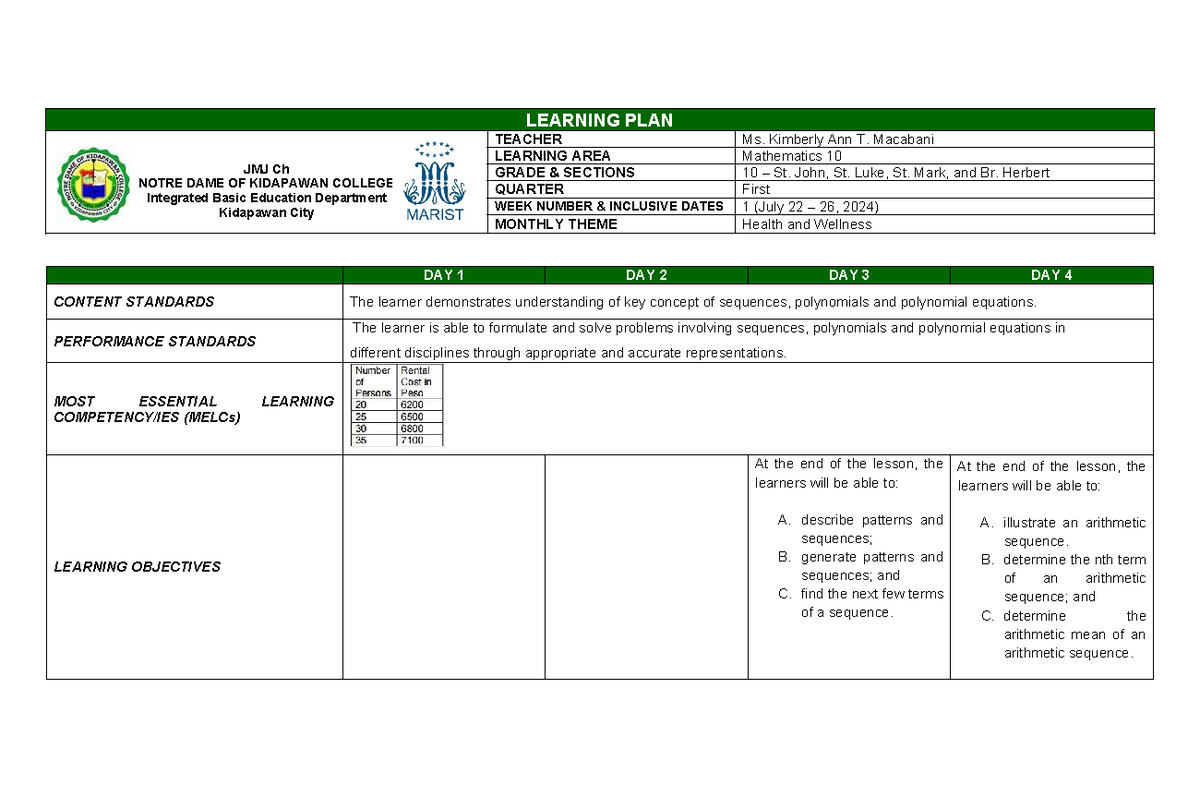 Mathematics 10 Learning Plan: Sequences & Polynomials (Week 1) - Studocu
