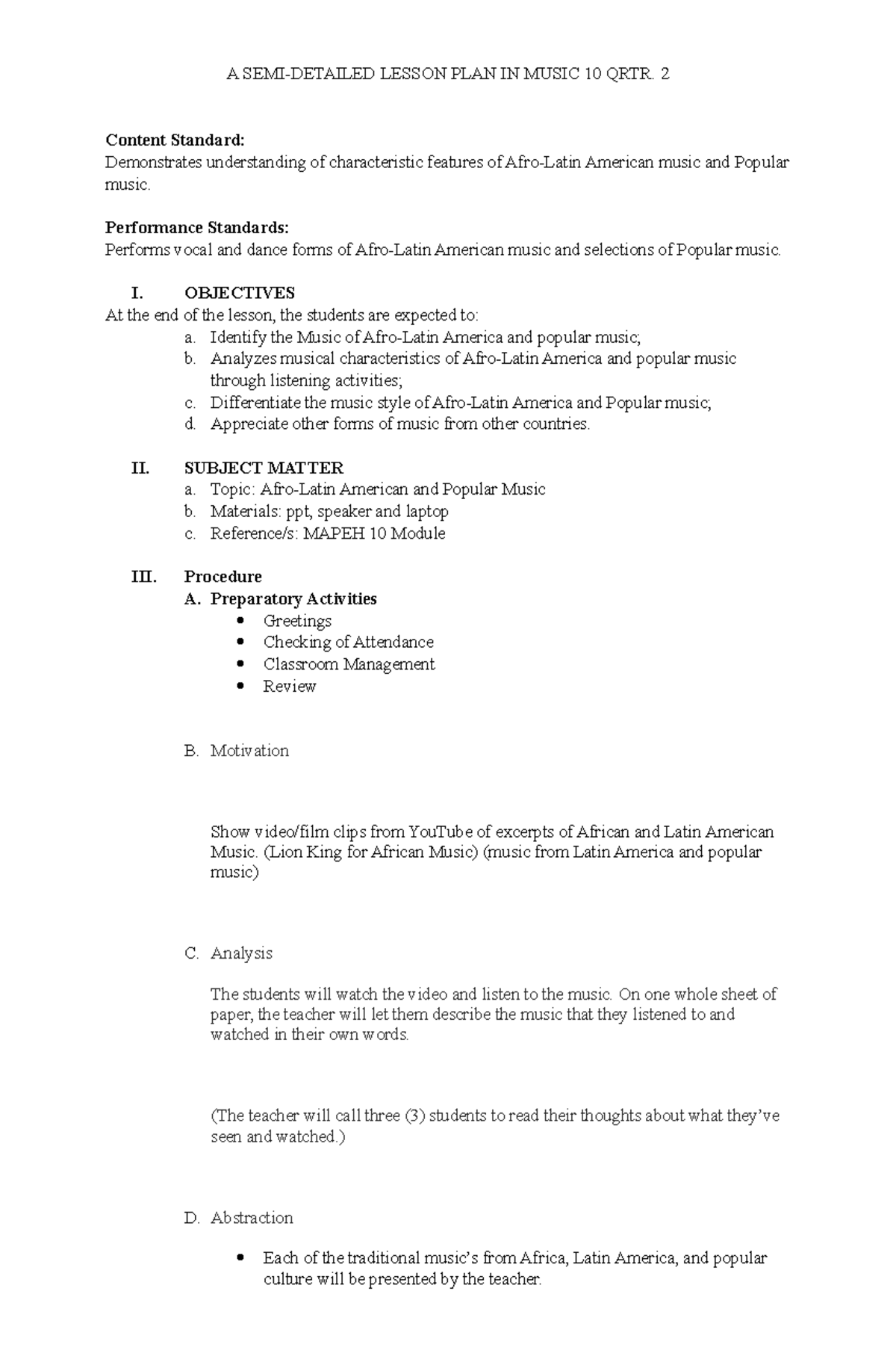 A SEMI-DETAILED LESSON PLAN FOR MUSIC 10 - WEEK 1 - Studocu