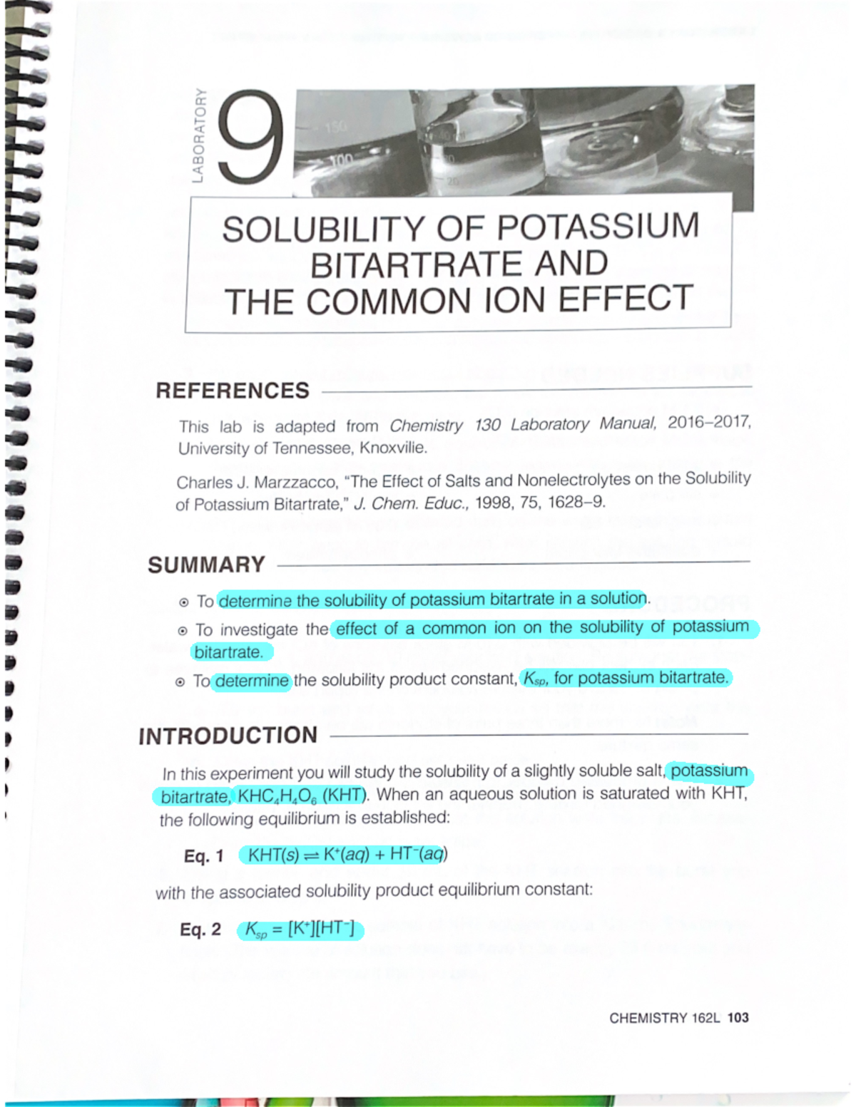 Lab 9 Chem 162 - Solubility of Potassium Bitartrate & Common Ion Effect ...