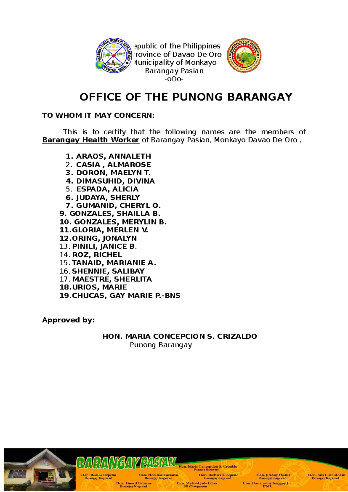 CERT Functionaries Certification - Barangay Pasian, Monkayo 2024 - Studocu
