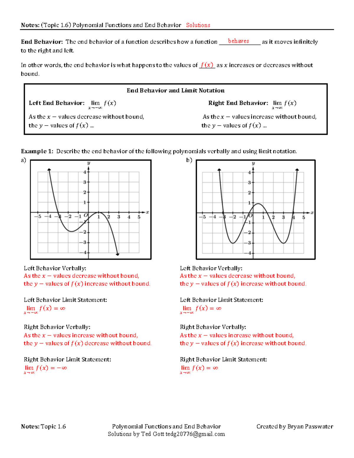 Notes: Topic 1.6 - Polynomial Functions & End Behavior Solutions - Studocu