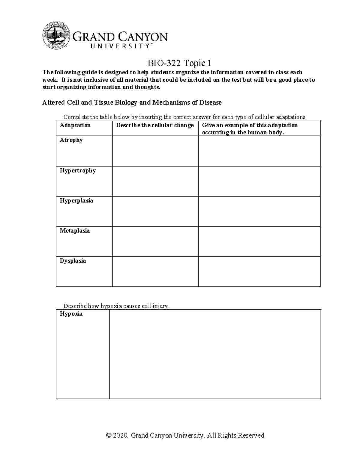 Bio-322 Topic 1 Study Guide: Cellular Adaptations & Disorders - Studocu
