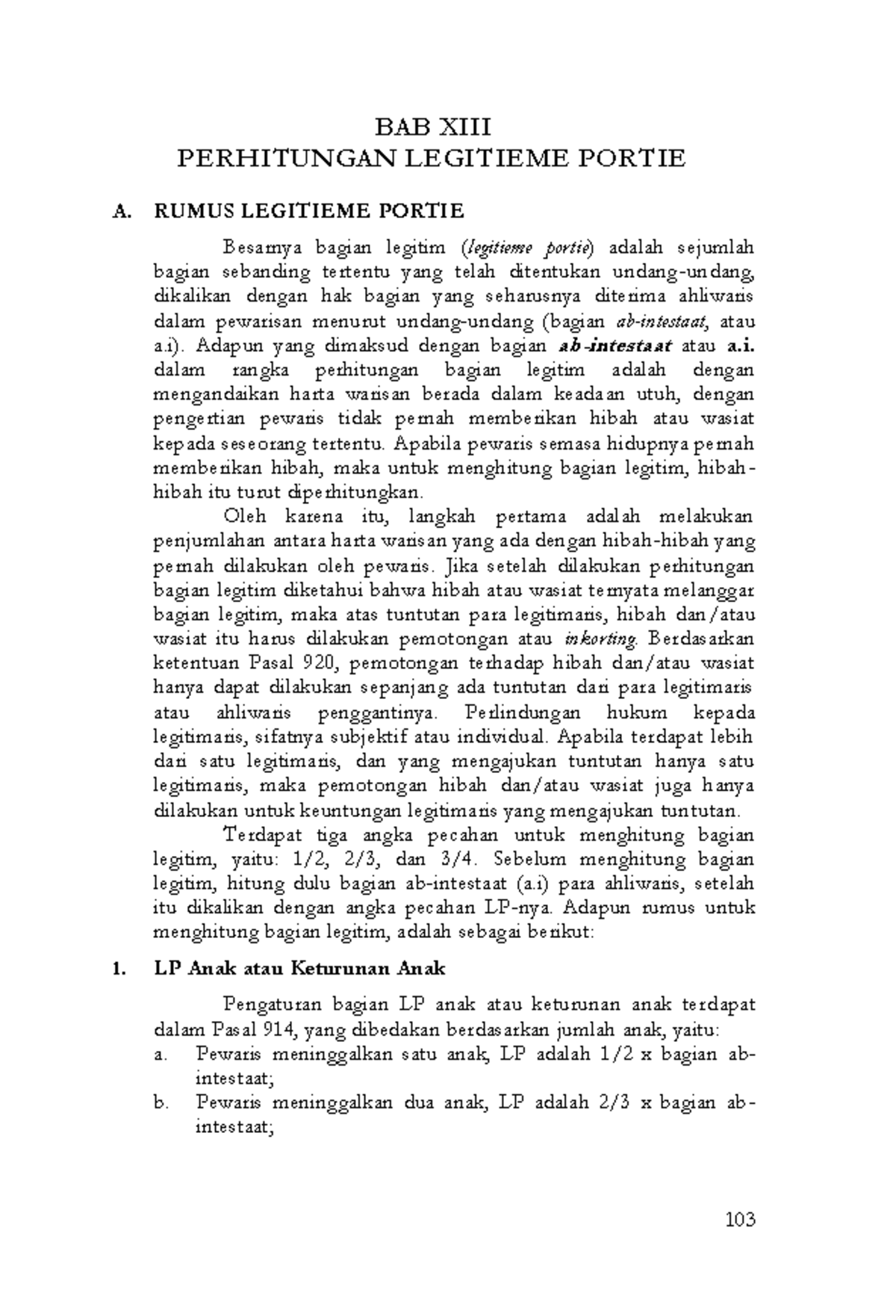 BAB XIII - Perhitungan Legitieme Portie dalam Pewarisan - Studocu