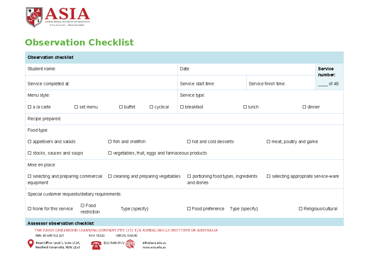 SITHCCC 043 Student Observation Checklist for Service Preparation - Studocu