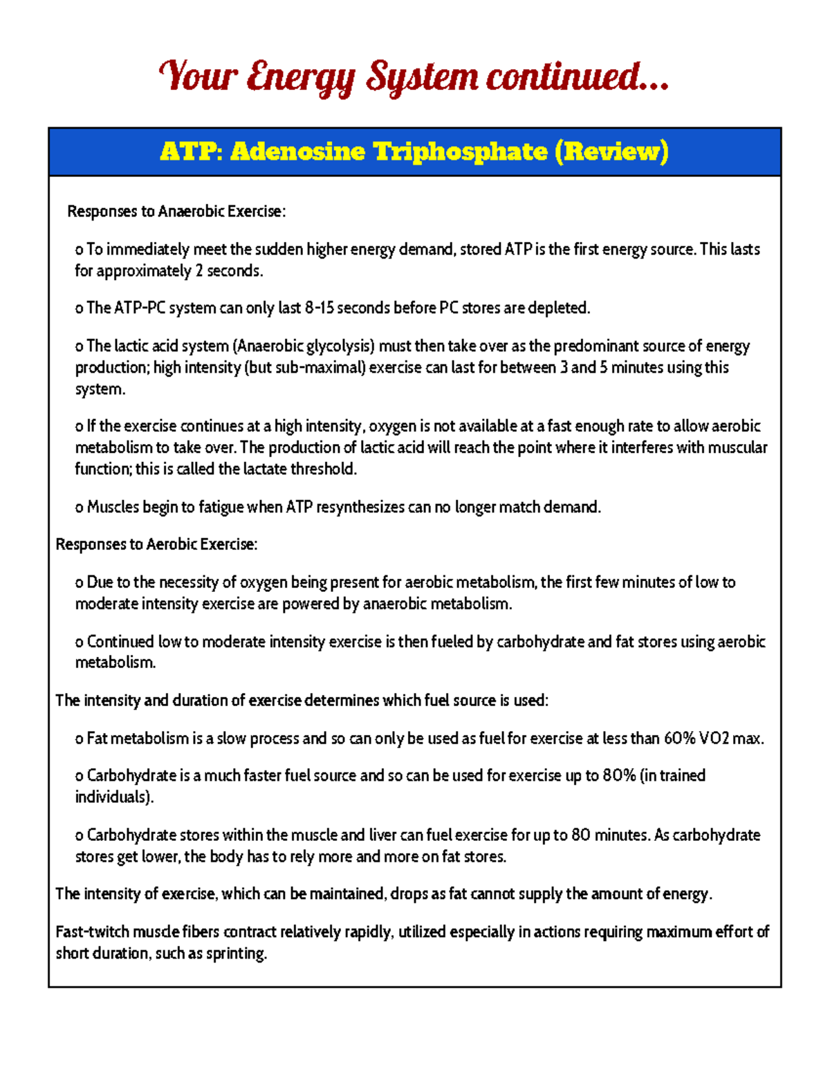ATP Energy Systems and Fast-Slow Twitch Muscle Fibers Worksheet - Studocu