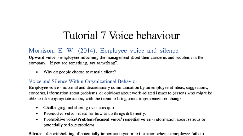 Tutorial 7: Employee Voice and Silence in Organizations - Studeersnel