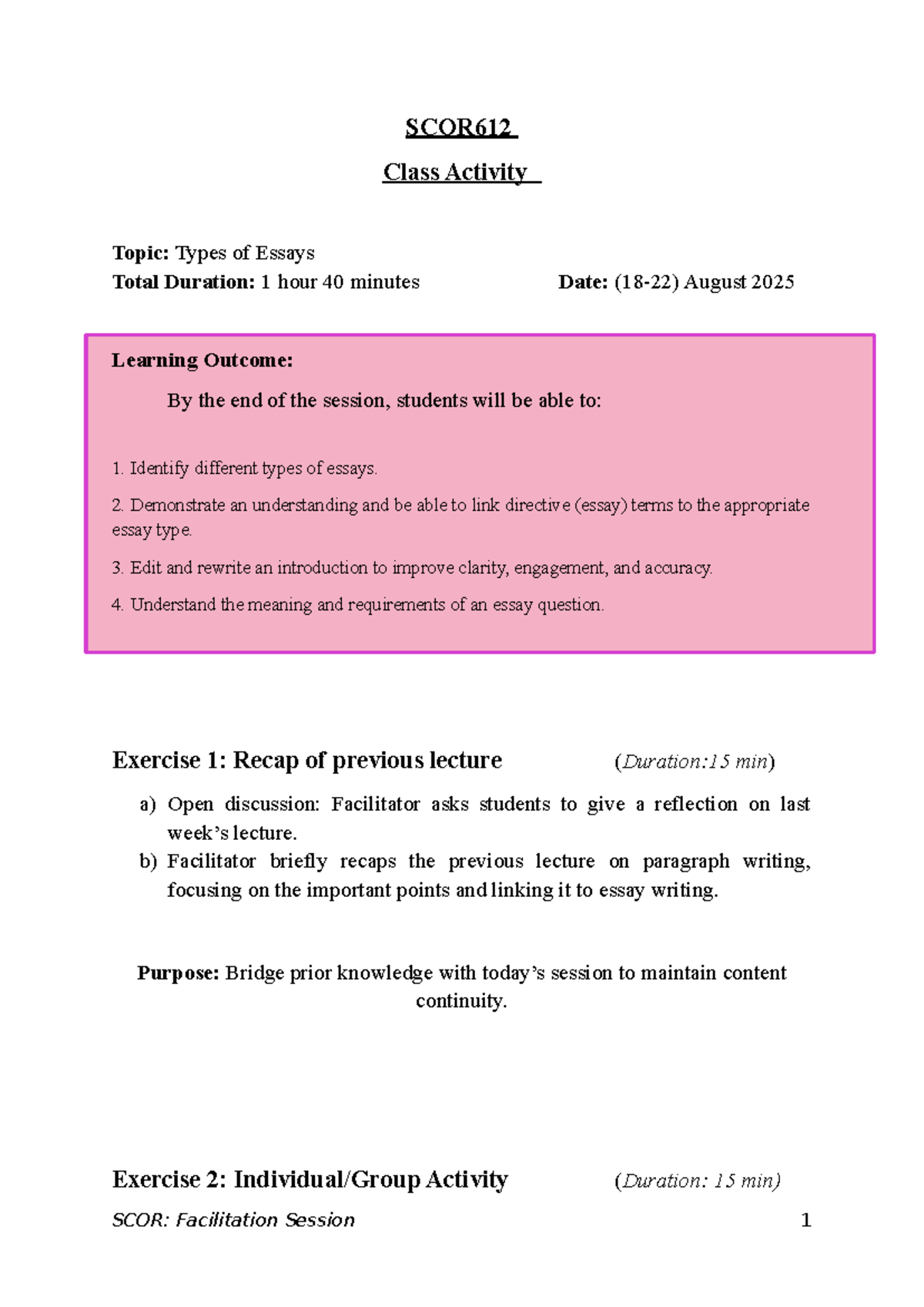 SCOR612 Class Activity: Understanding Types of Essays - Studocu