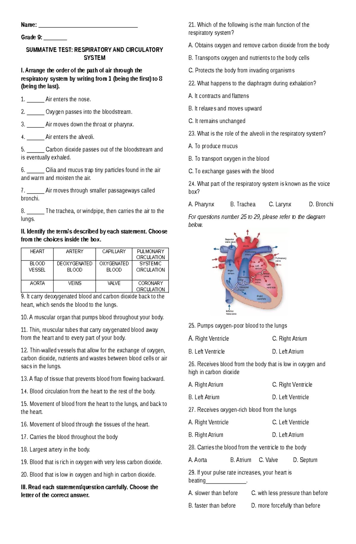 Summative Test on Respiratory and Circulatory Systems (Grade 9) - Studocu