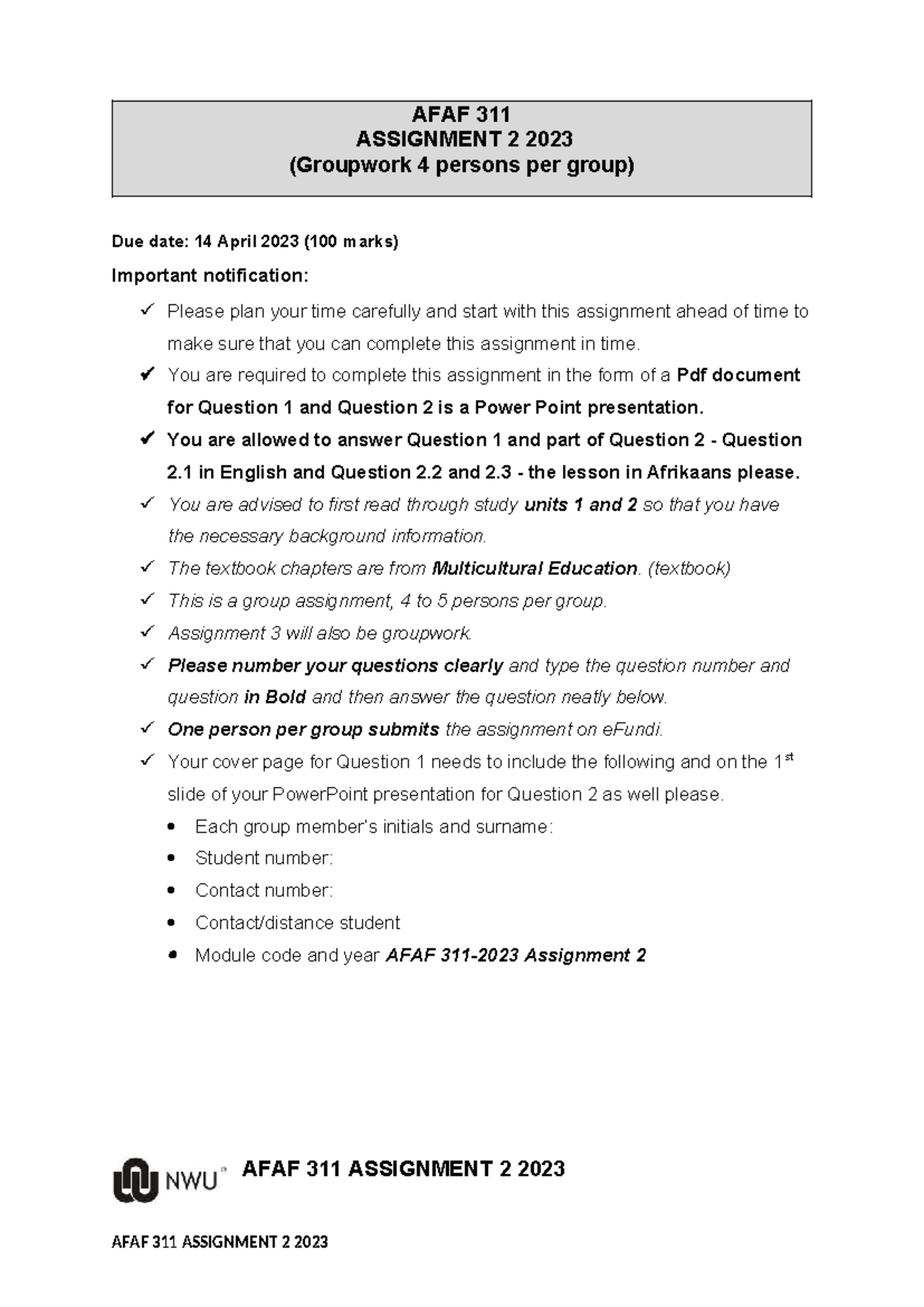 AFAF 311 Assignment 2: Multicultural Education Groupwork 2023 - Studocu